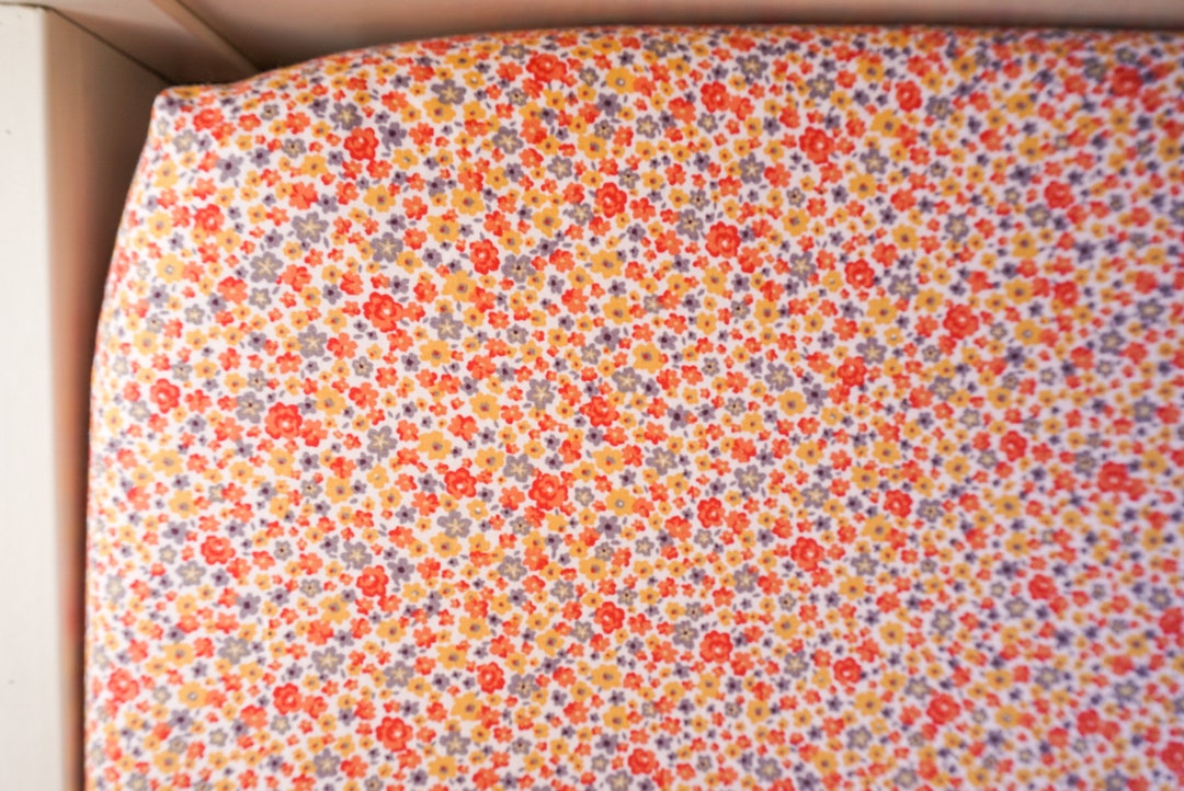 Handmade Cot Sheets / Custom Sized Cot Sheets/ Orange Ditsy Floral Cot ...