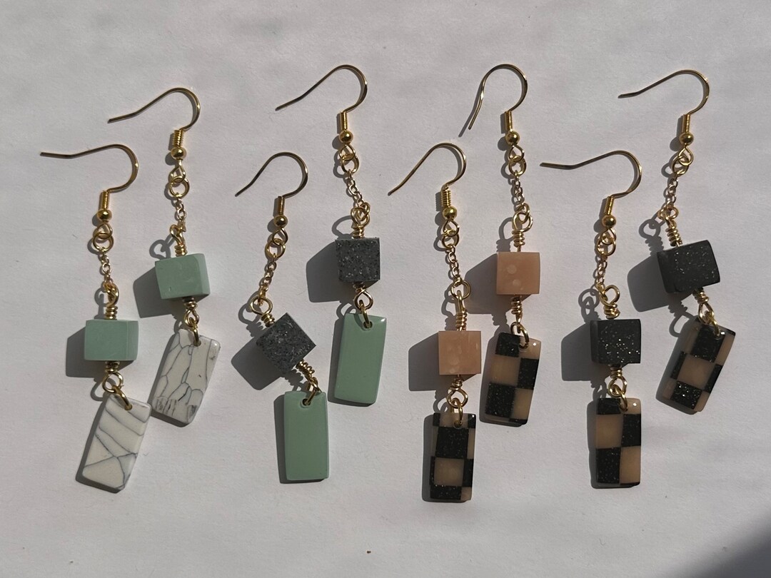 Hand-sculpted Cube Bead and Rectangle Dangle Earrings - Available in 4 ...