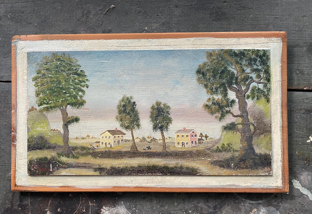 Landscape Primitive Painting Oil on Wood, Repro "homestead of General ...