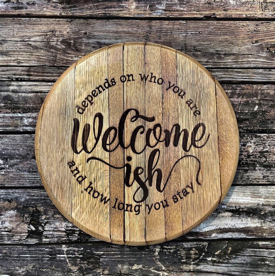 Welcome Sign - Reclaimed Oak Barrel HEAD Sign - Recycled Whiskey Barrel ...