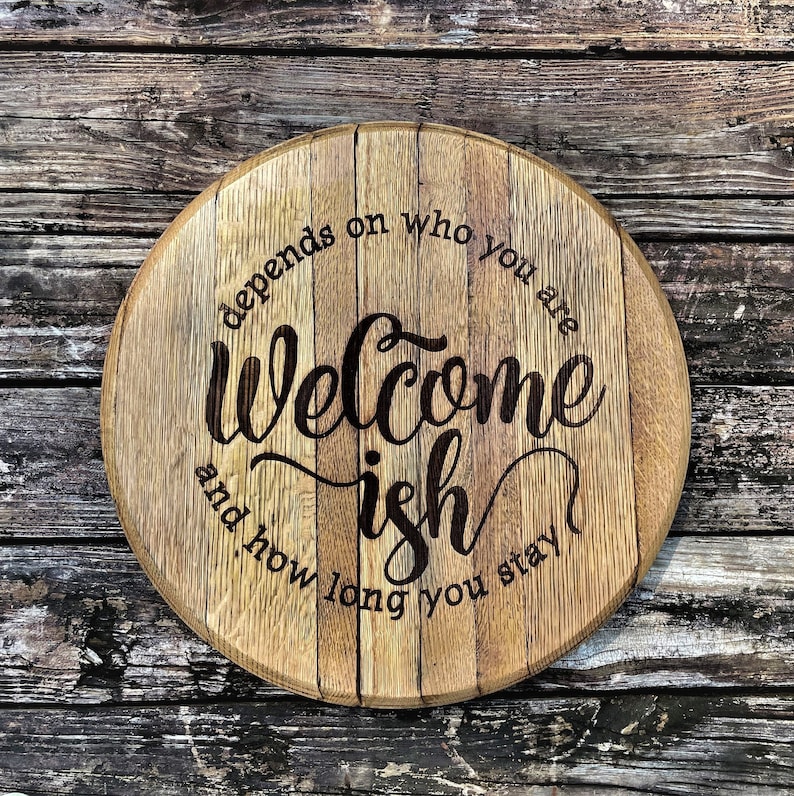 Welcome Sign - Reclaimed Oak Barrel HEAD Sign - Recycled Whiskey Barrel ...