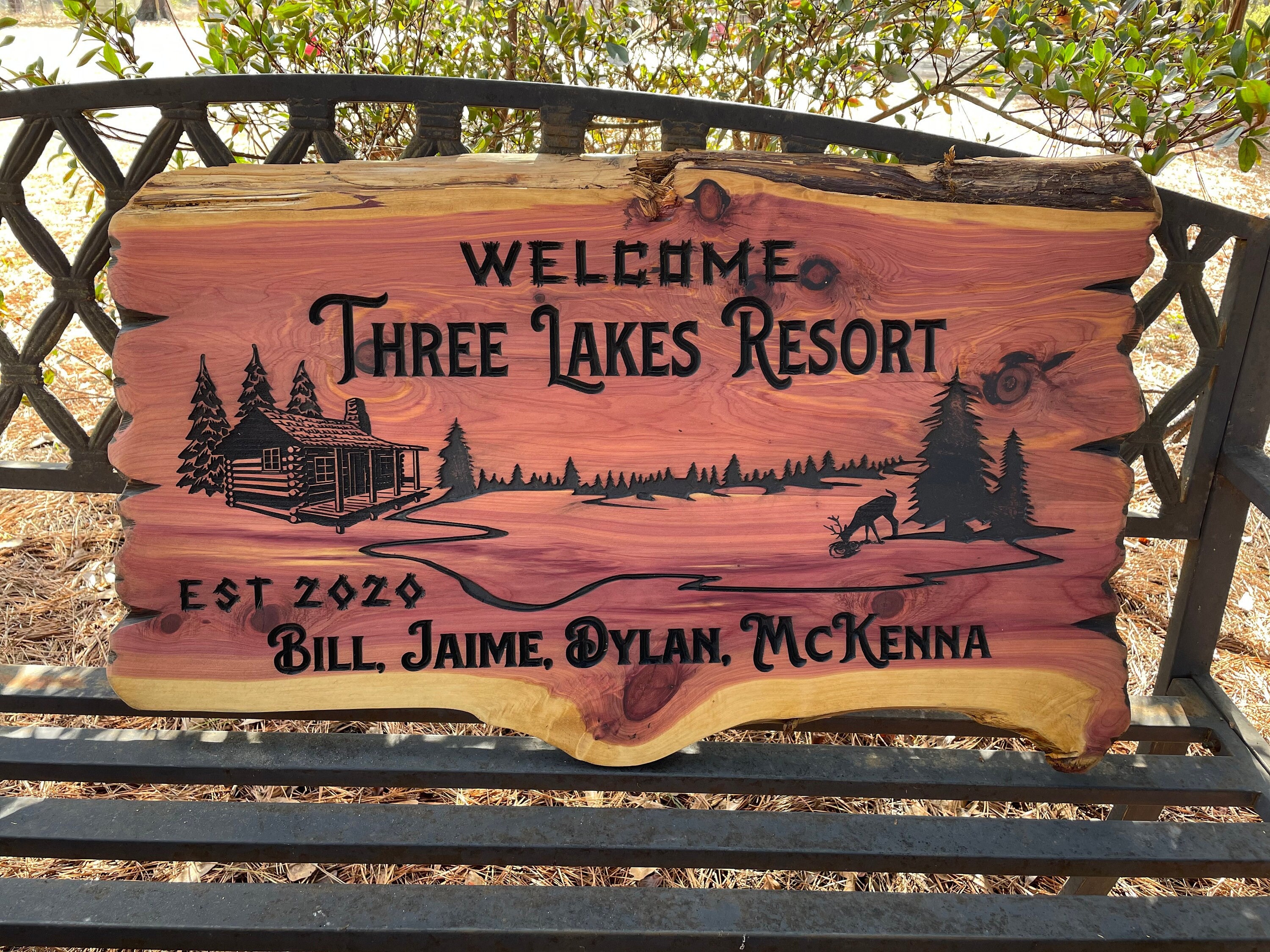 Custom CABIN Outdoor Wood Sign - Deer - Lake - Carved Cedar Sign ...