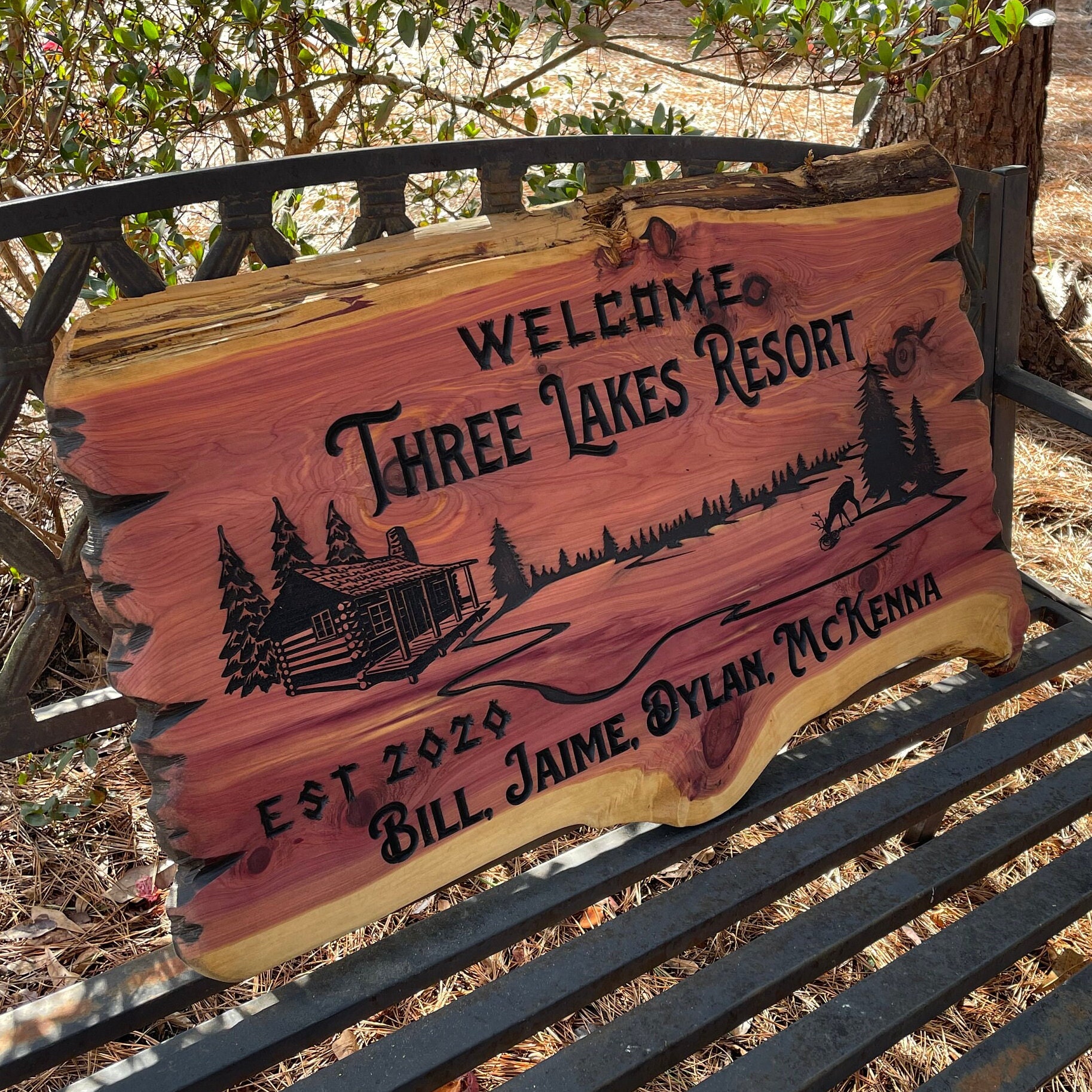 Custom CABIN Outdoor Wood Sign - Deer - Lake - Carved Cedar Sign ...