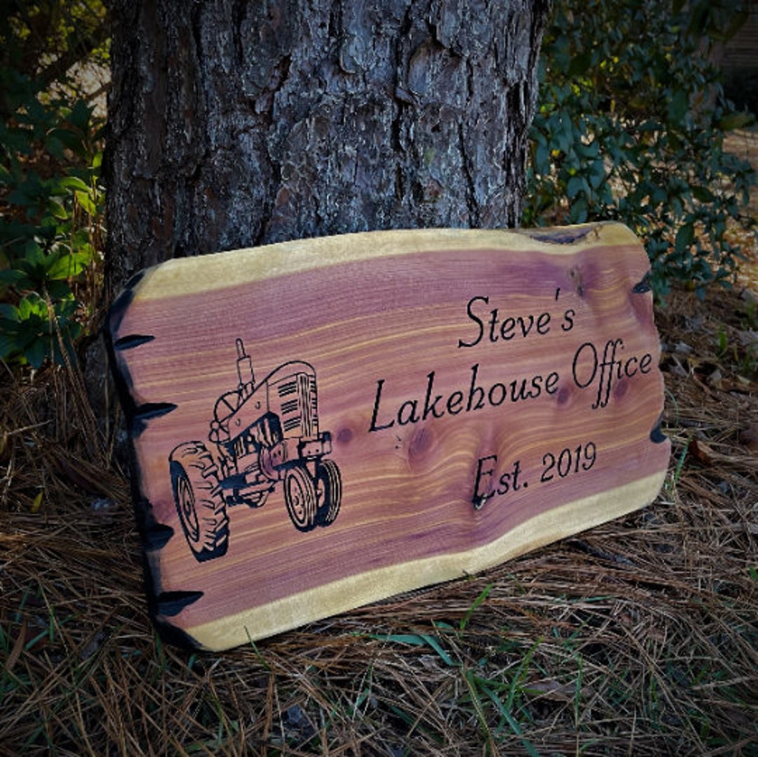 Live Edge Wood Sign Farm Tractor Wooden Lake Cedar Cabin Outdoor Sign ...