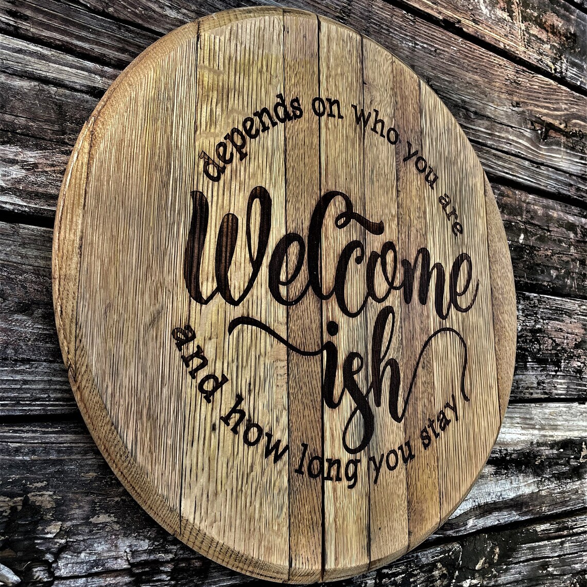 Welcome Sign - Reclaimed Oak Barrel HEAD Sign - Recycled Whiskey Barrel ...