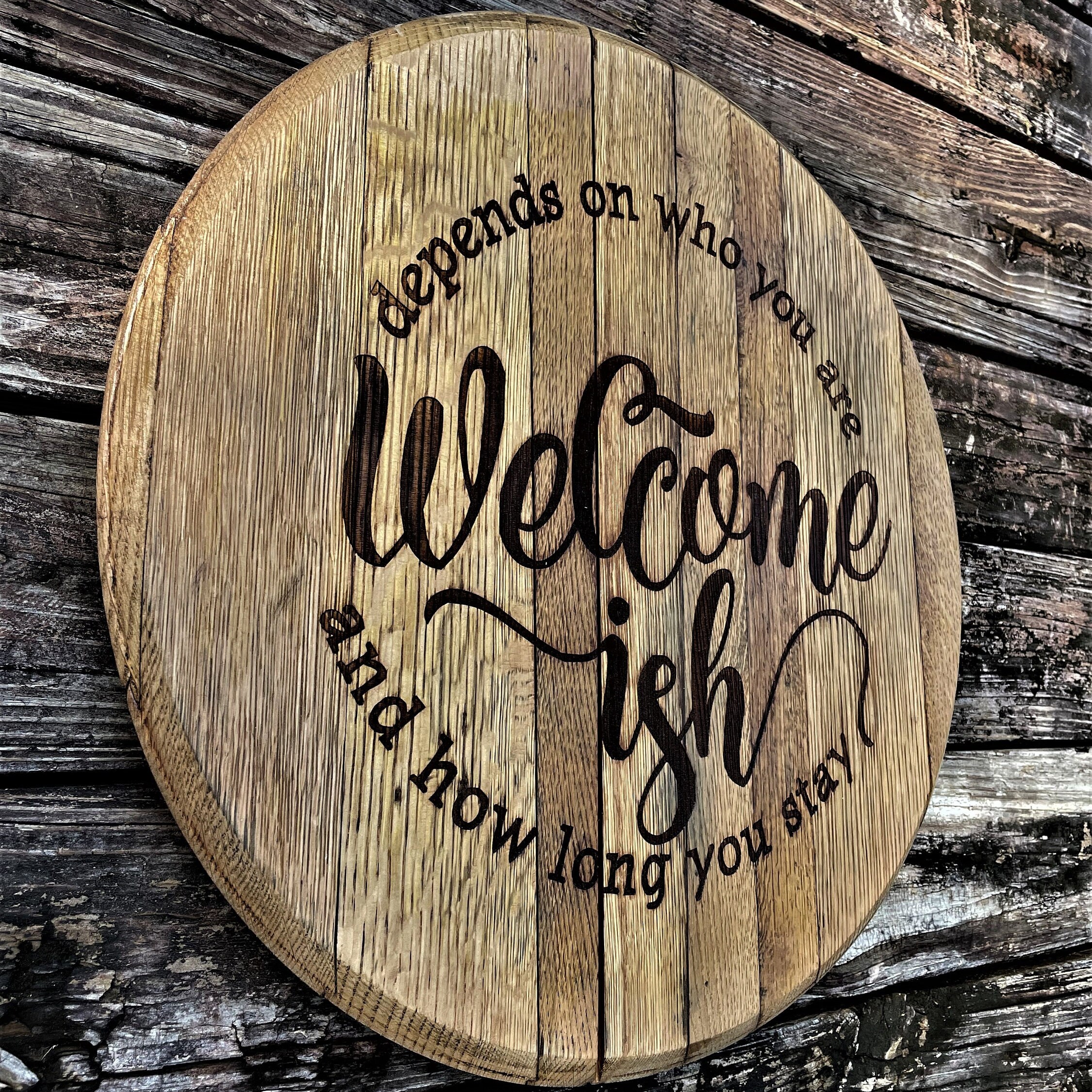Welcome Sign - Reclaimed Oak Barrel HEAD Sign - Recycled Whiskey Barrel ...