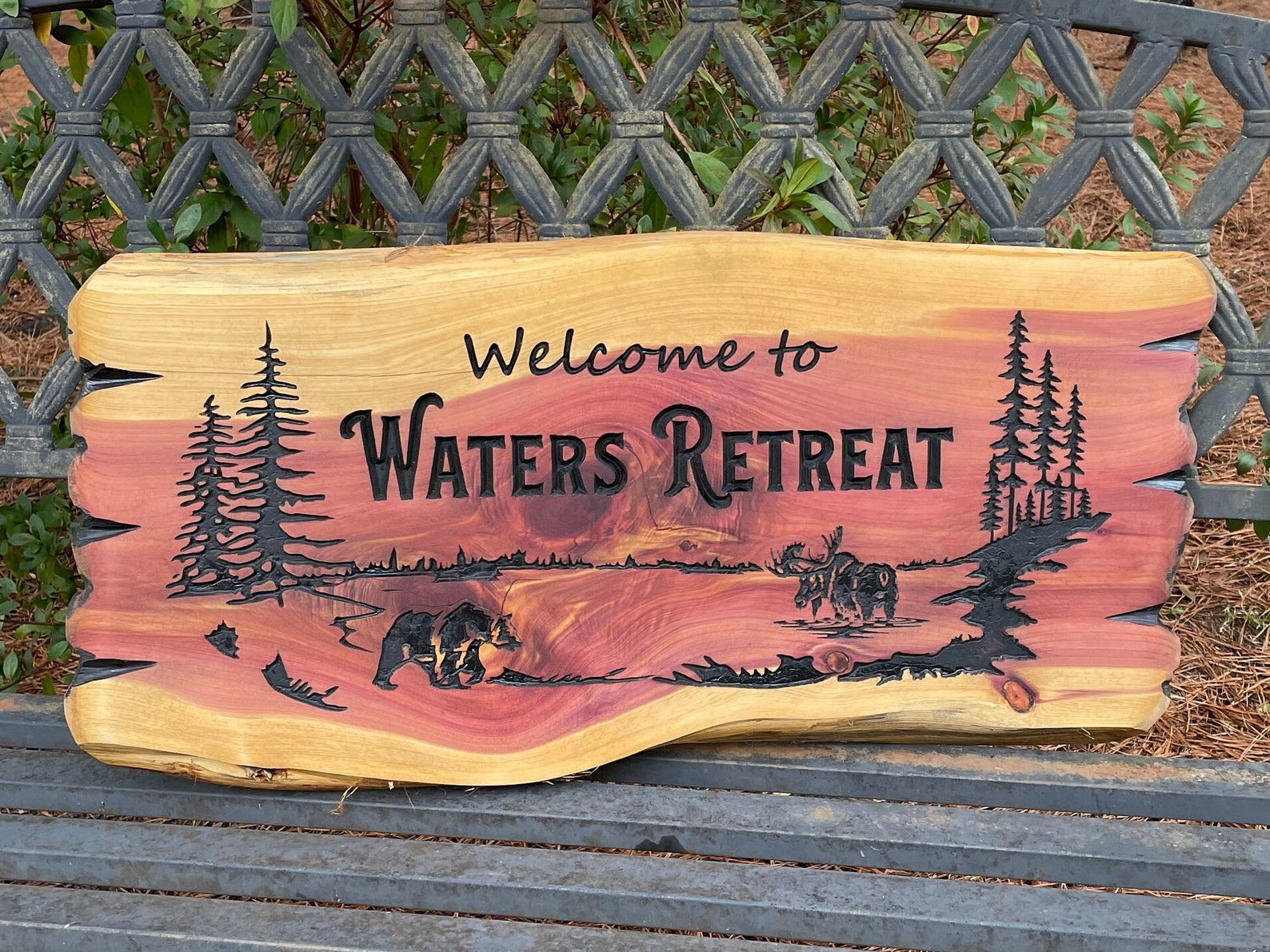 OUTDOOR Live Edge Cedar Wood Sign - Custom Carved Sign - Cabin Sign ...