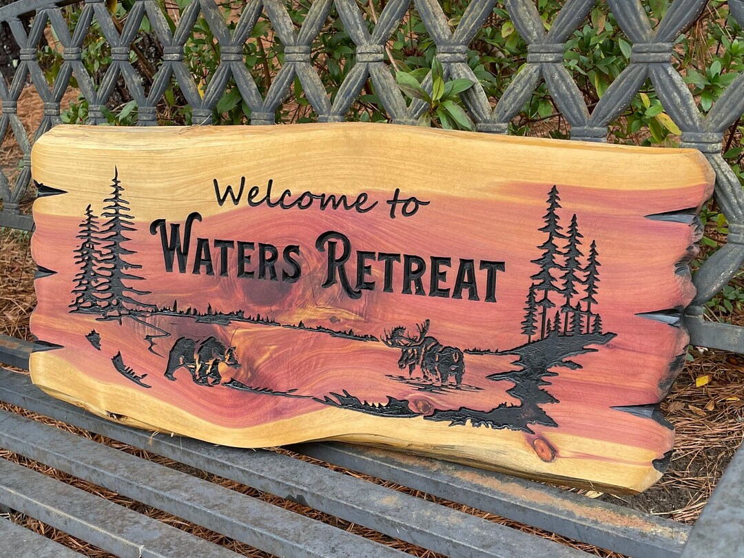 OUTDOOR Live Edge Cedar Wood Sign - Custom Carved Sign - Cabin Sign ...