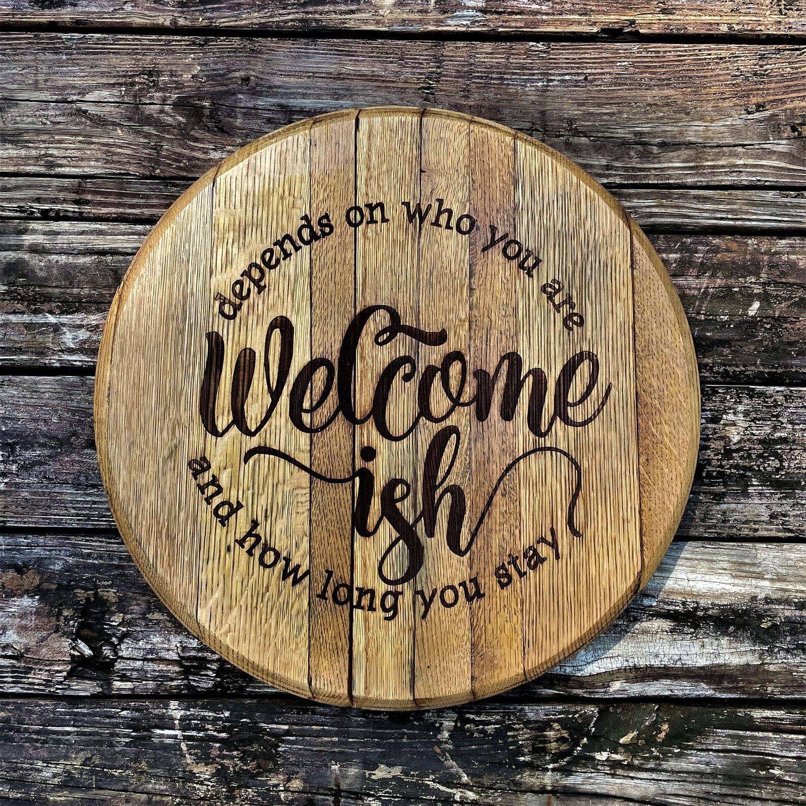 Welcome Sign Reclaimed Oak Barrel HEAD Sign Recycled - Etsy