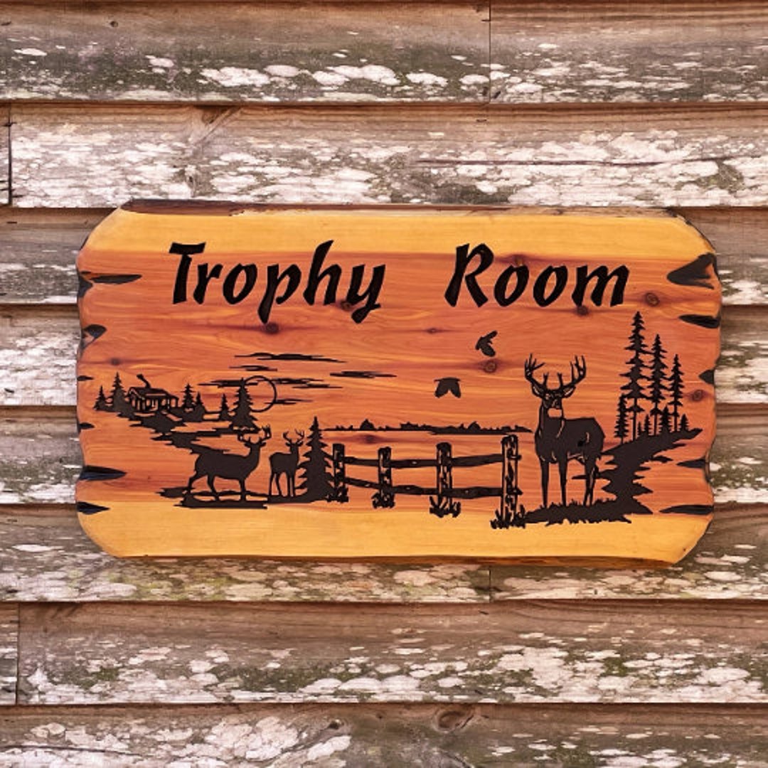 Live Edge Wood Sign Deer Wooden Lake Cedar Cabin Outdoor Sign Custom ...