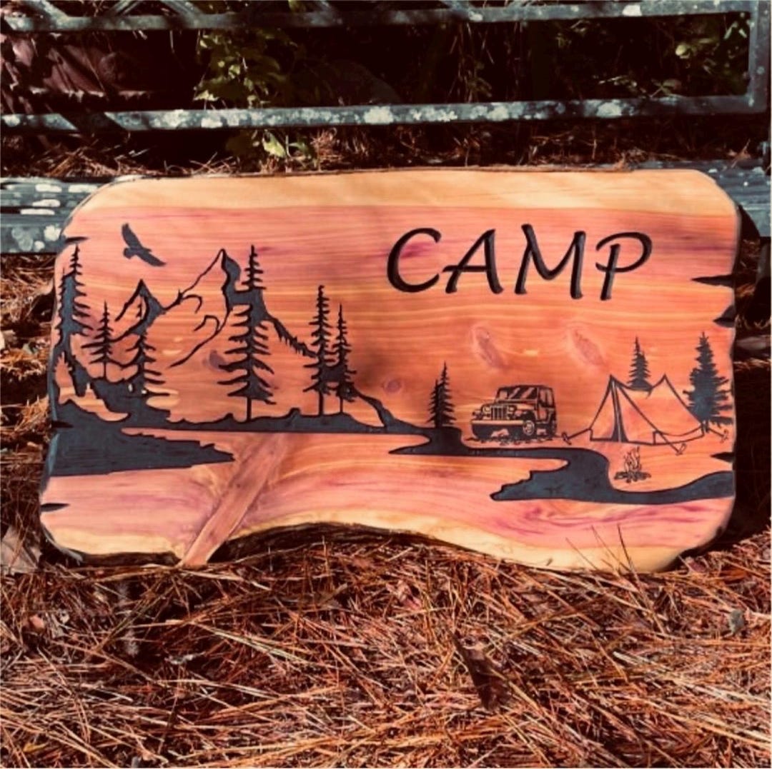 Live Edge Wood Sign - Wooden - Cedar - Tent - Camping - Outdoor Sign ...