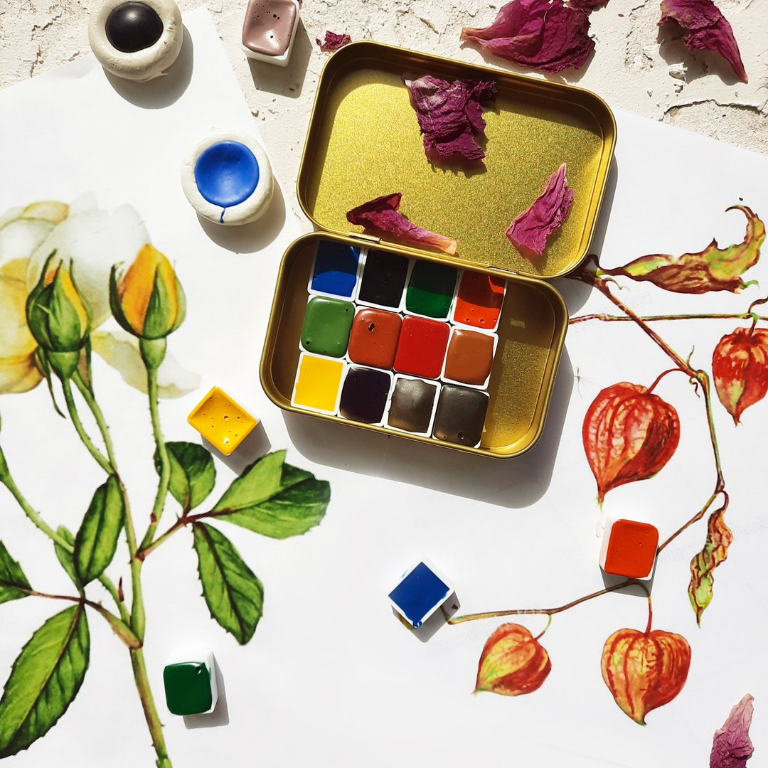 12 FLORA Colors"botanica" Palette/ Handmade Watercolor / Half Pan+metal ...