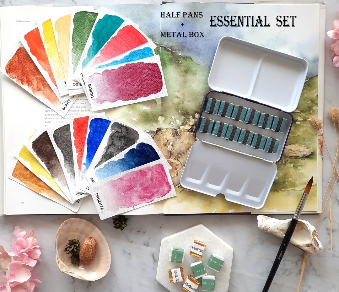 Essential Watercolor Set 12/18 Half Pan Metal Box Handmade Watercolor ...