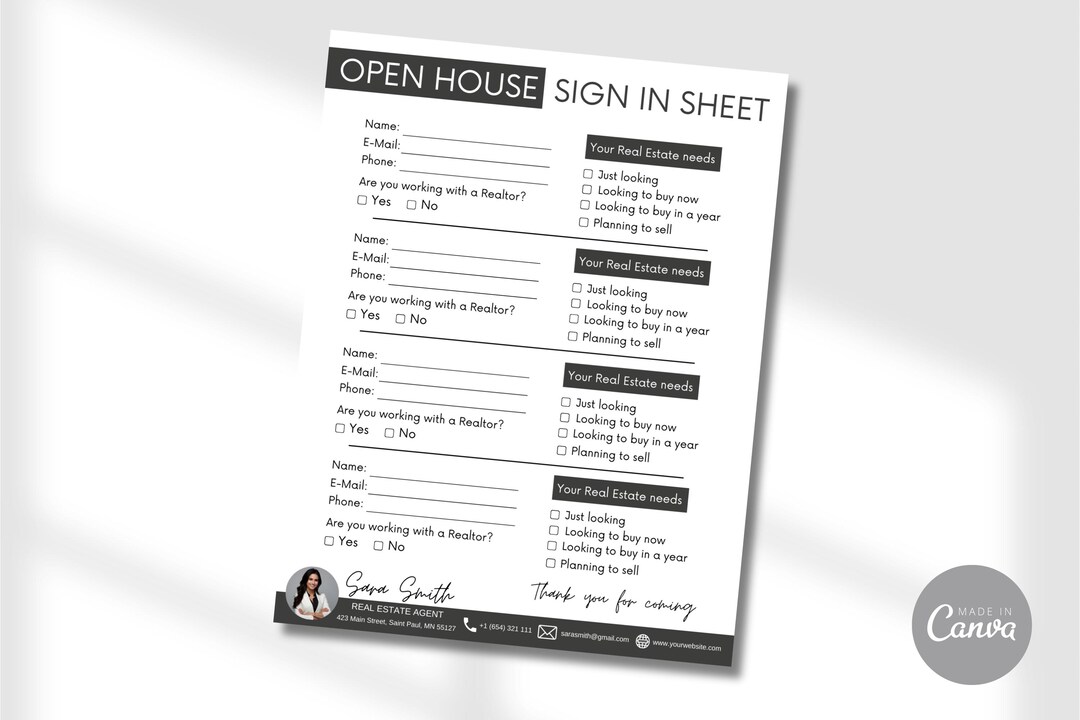 Real Estate Open House Sign-in Sheet, Real Estate Sign in Form, Open ...