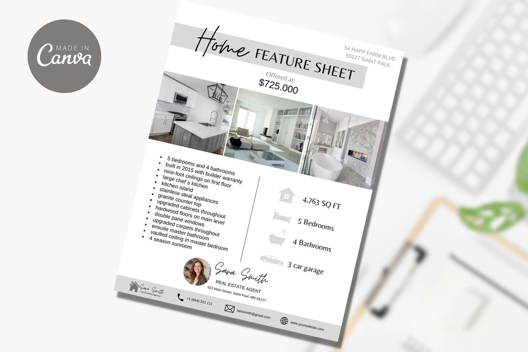 Real Estate Home Feature Sheet Flyer Template, Real Estate Marketing ...