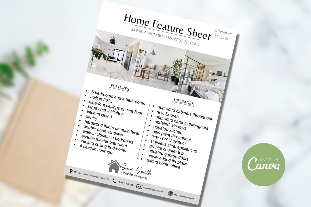 Real Estate Home Feature Sheet Flyer Template, Real Estate Marketing ...
