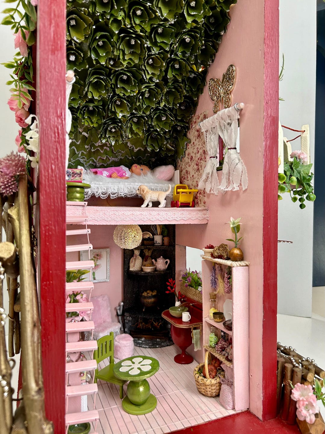 OOAK Red Doll House, WOODEN on Turntable, Will Not Tip, Lighted ...