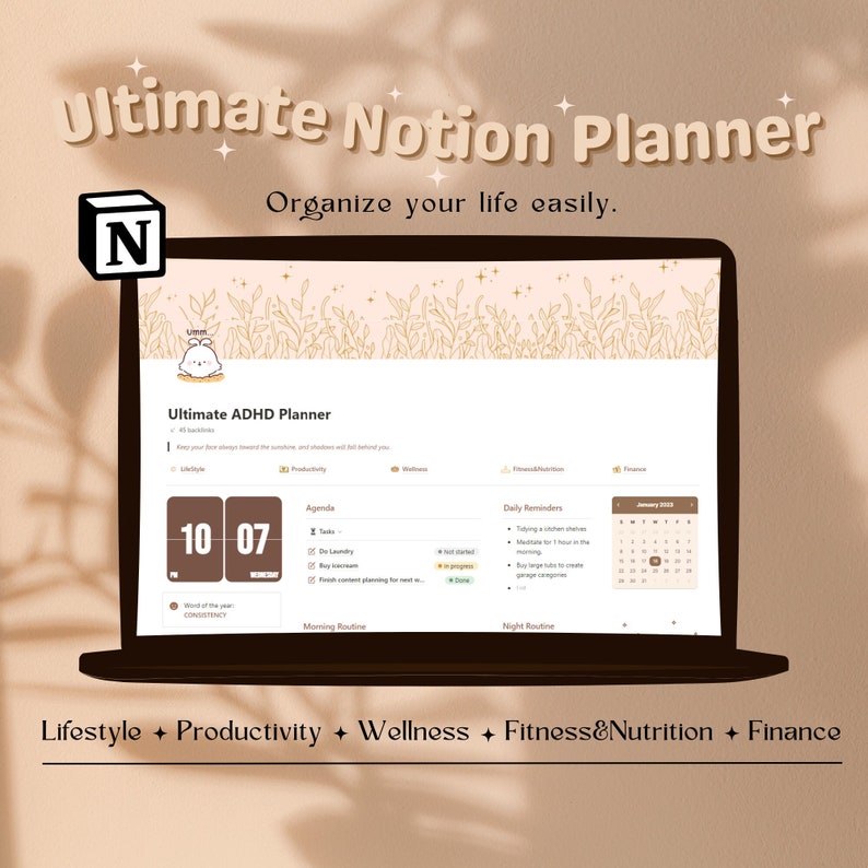 Ultimate Notion Template, Cute ADHD Life Planner, All in One Notion Dashboard Personal Planner ...