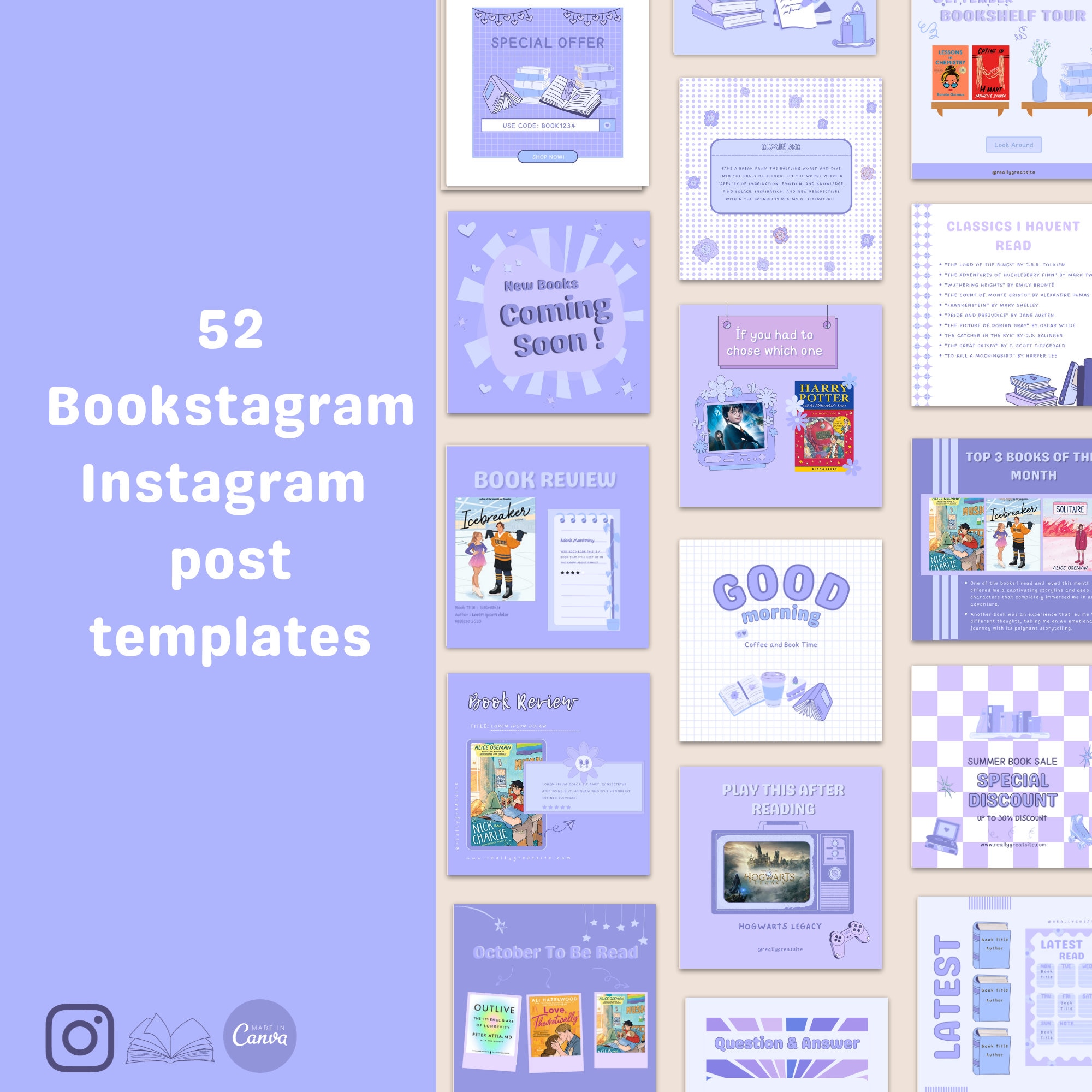 Bright Purple Book Instagram Post Template,cute Lilac Bookish for ...