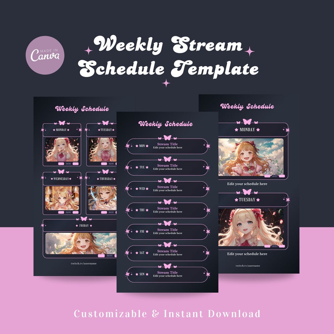 Pink Butterfly Stream Weekly Schedule Template (canva Editable, Digital ...