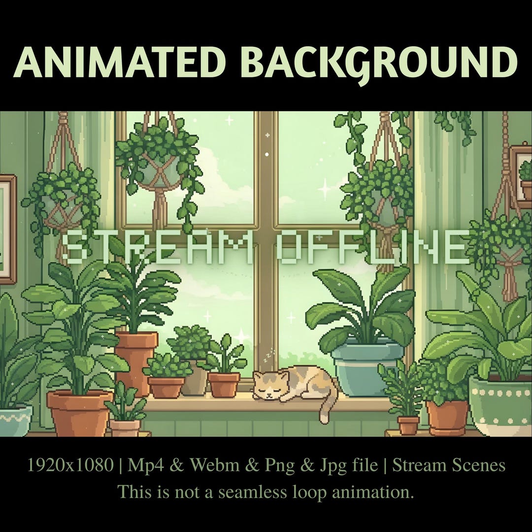 Botanical Cat Retreat Animated Stream Screen: Cozy Pixel Room (digital ...