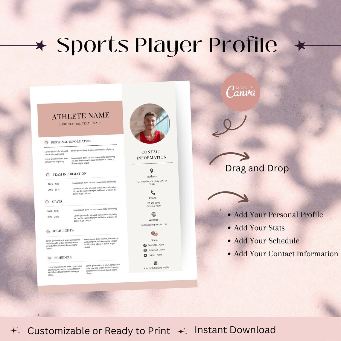 Customizable Athlete Profile Resume: College Recruiting Sheet (canva ...