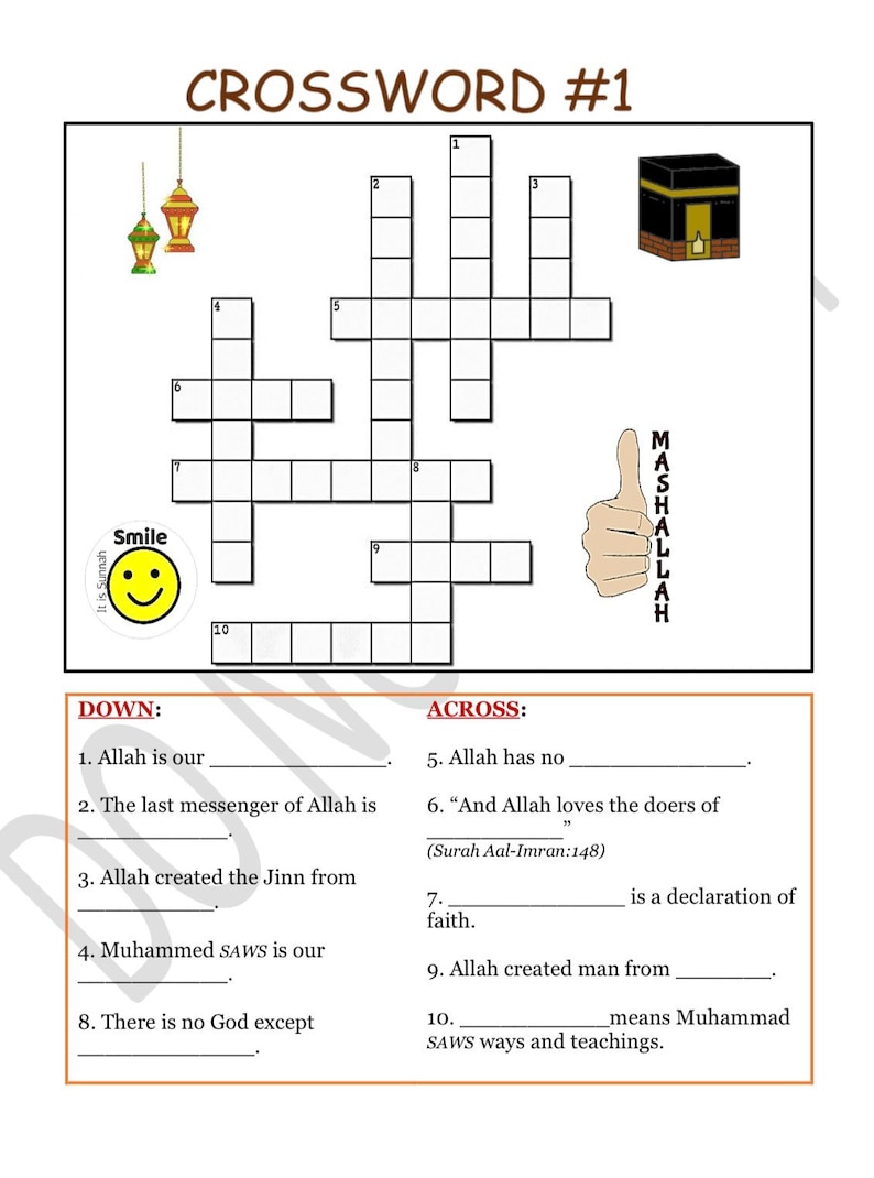 Islamic Crossword Puzzles Book/games for Muslim Kids/ Colorful - Etsy