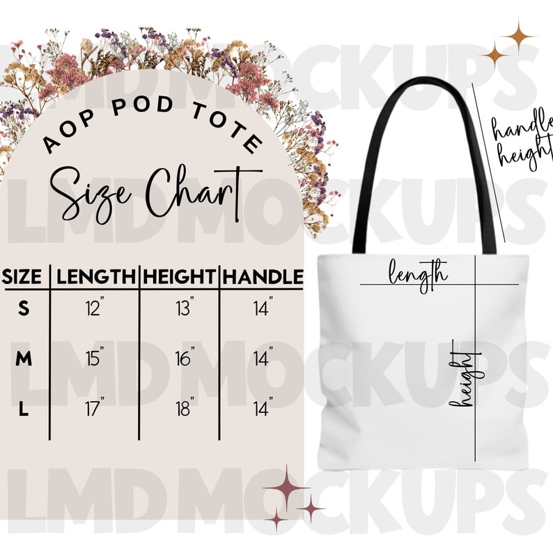 AOP Tote Bag Size Chart|print on Demand Tote Bag Sizing Guide Mockup|aop Mockup Black Handle 3 ...