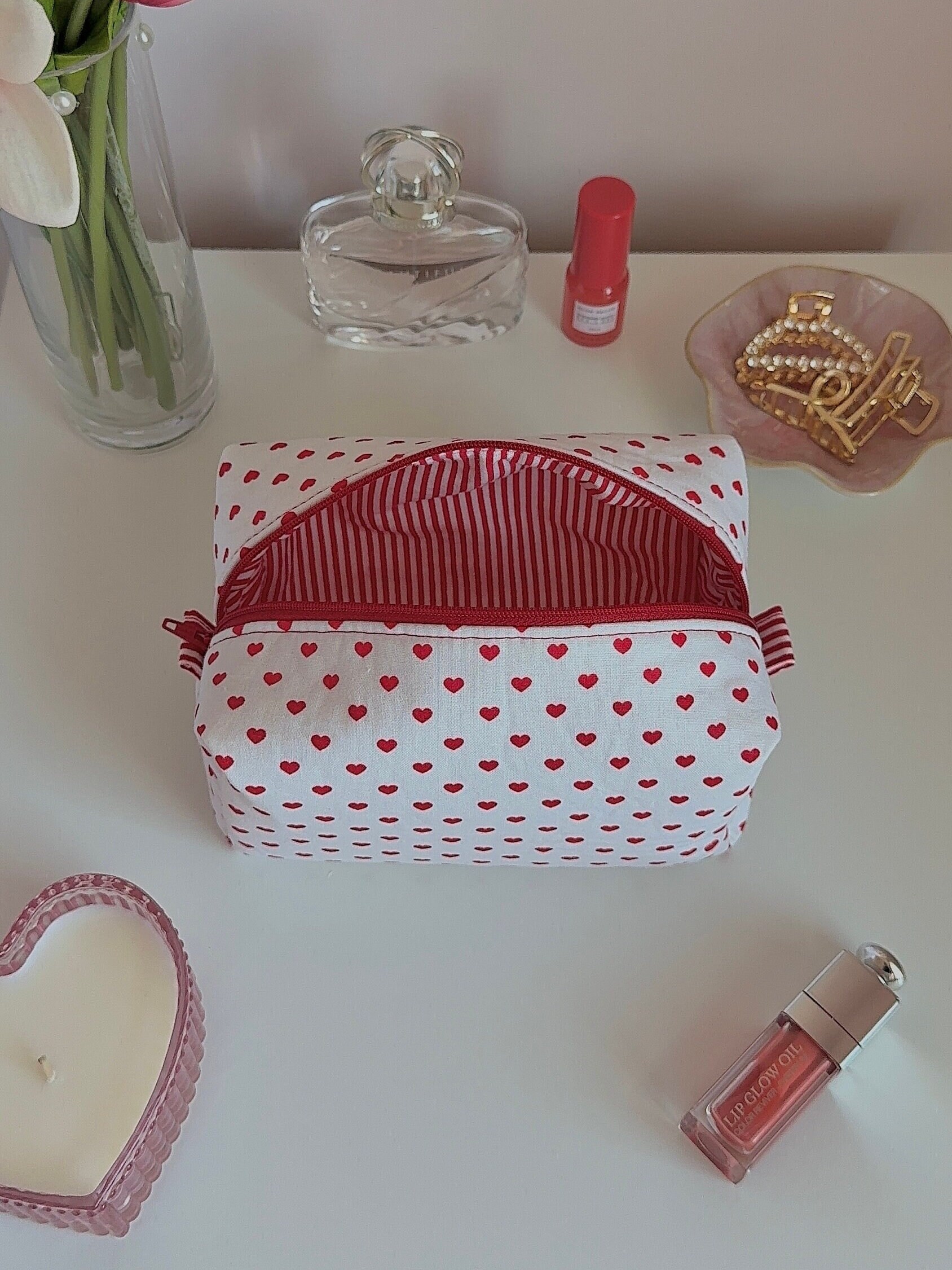 Red Heart Makeup Bag Handmade Pouch Coquette Makeup Pouch Cosmetic ...