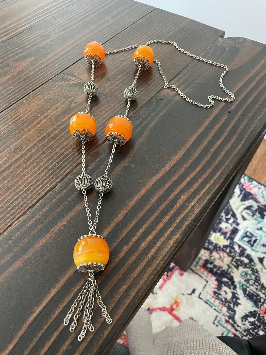 Vintage Copal Amber Necklace: Orange Silver Tone. Large Beads, 40" - Etsy