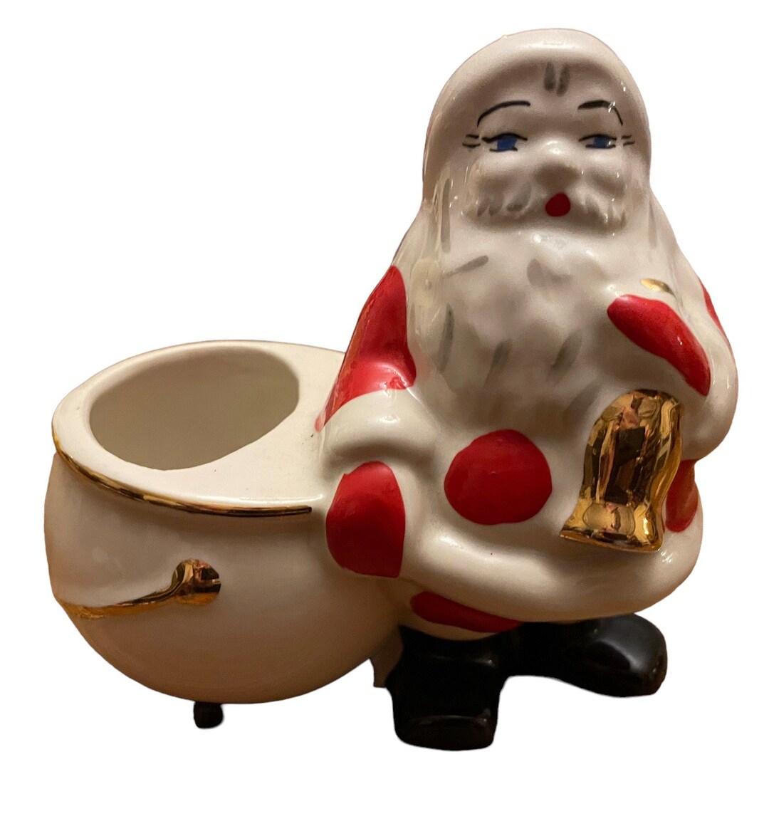 Vintage Ceramic Pottery SANTA W/gold Bell Planter, 5-1/2 Tall X 5-1/2 ...
