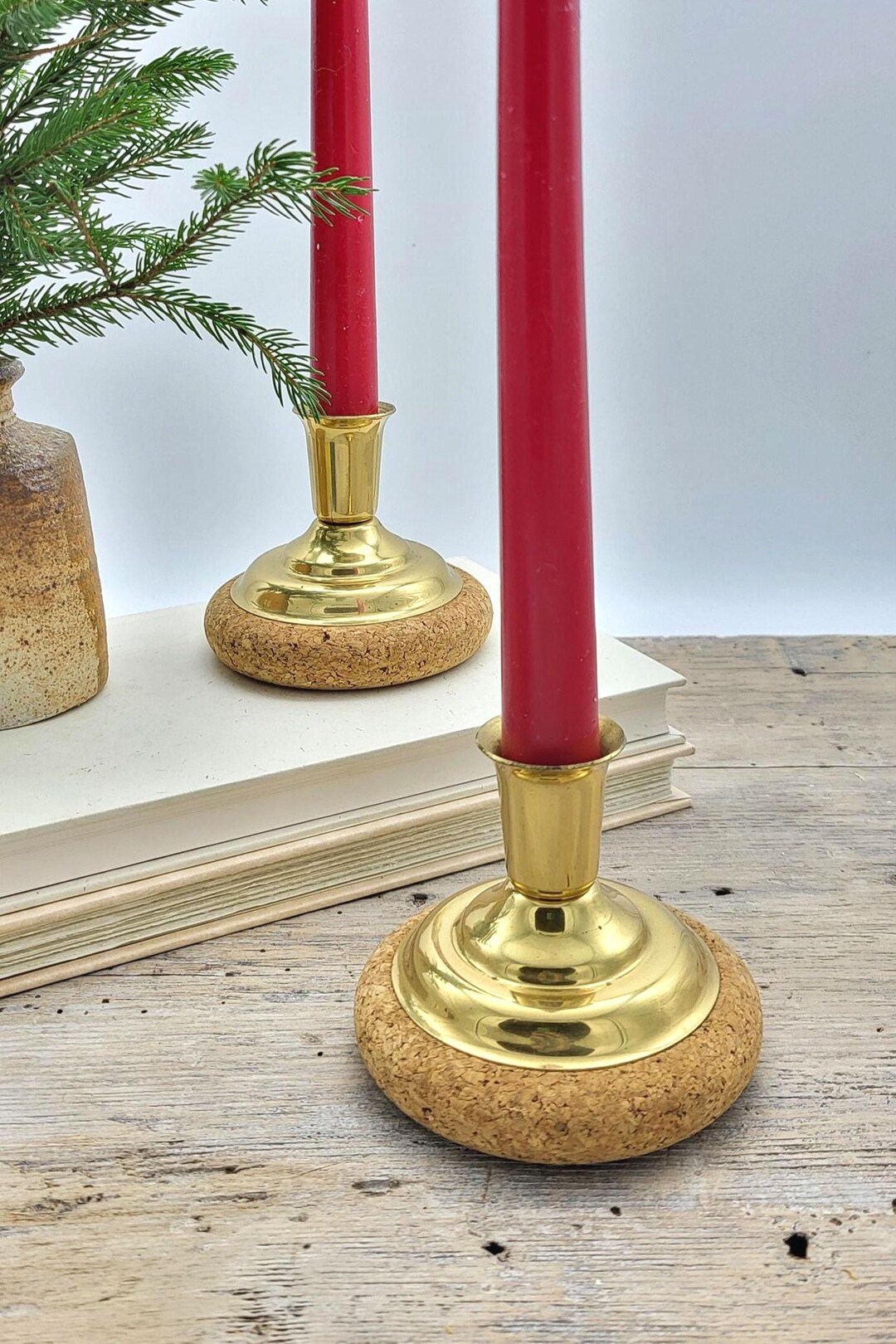 Brass Candle Holders With Cork Base, Taper Candles, Vintage Lighting ...