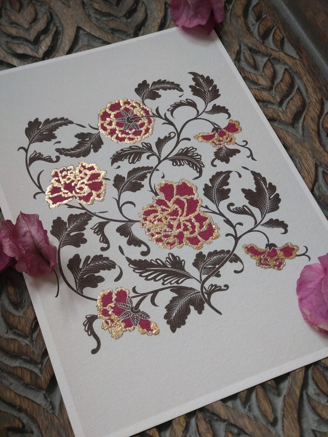 Berry Chrysanthemum Flower Pattern Art Print, With Gilded Details, A5 ...