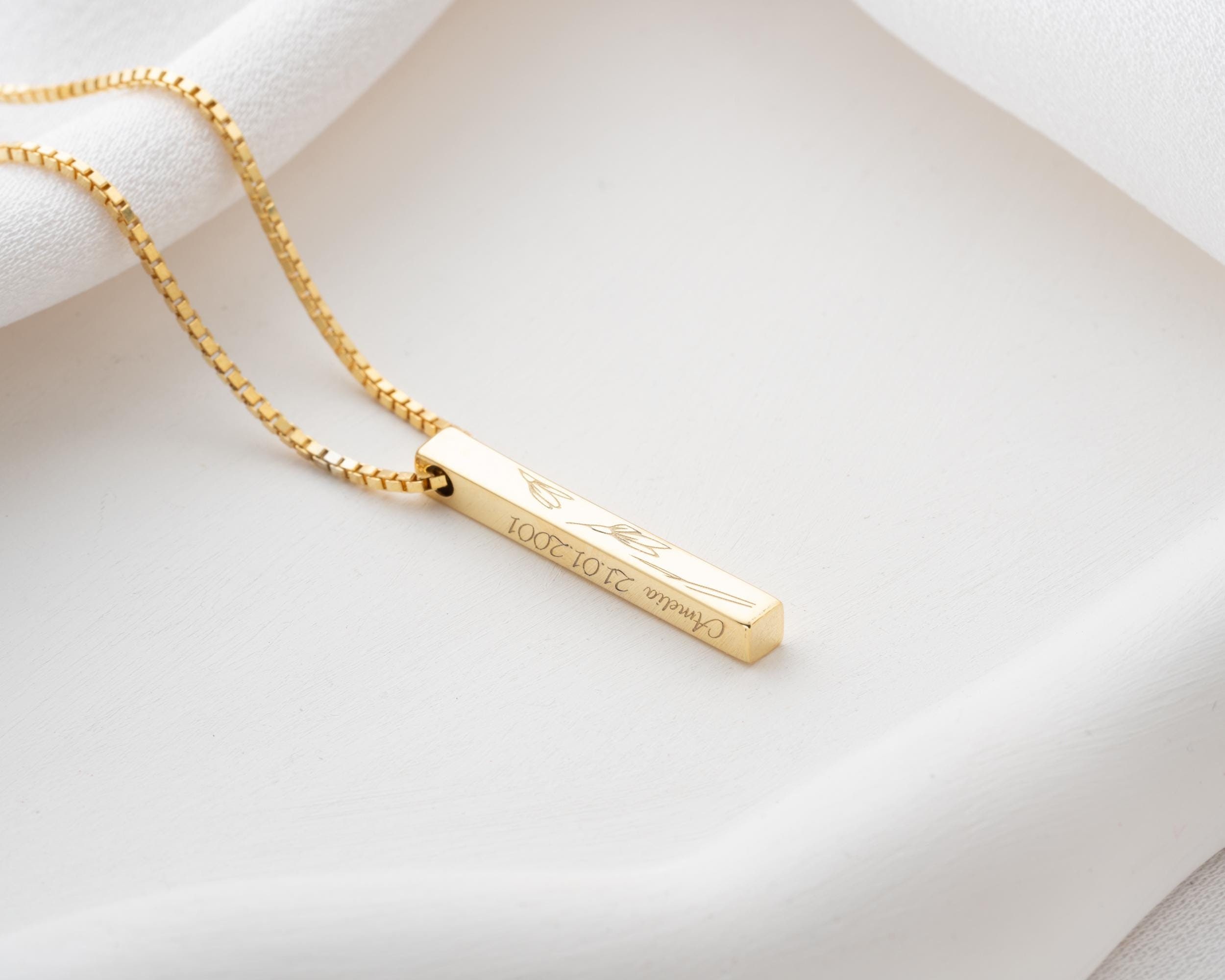 Personalized Name Bar Necklace, 4 Sided Vertical Bar, Engraved Birth ...