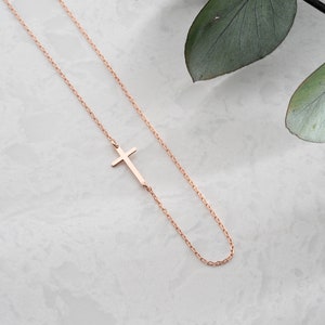 14K Solid Gold Cross Necklace White Gold Sideway Cross Small Cross Necklace Dainty Minimalist ...