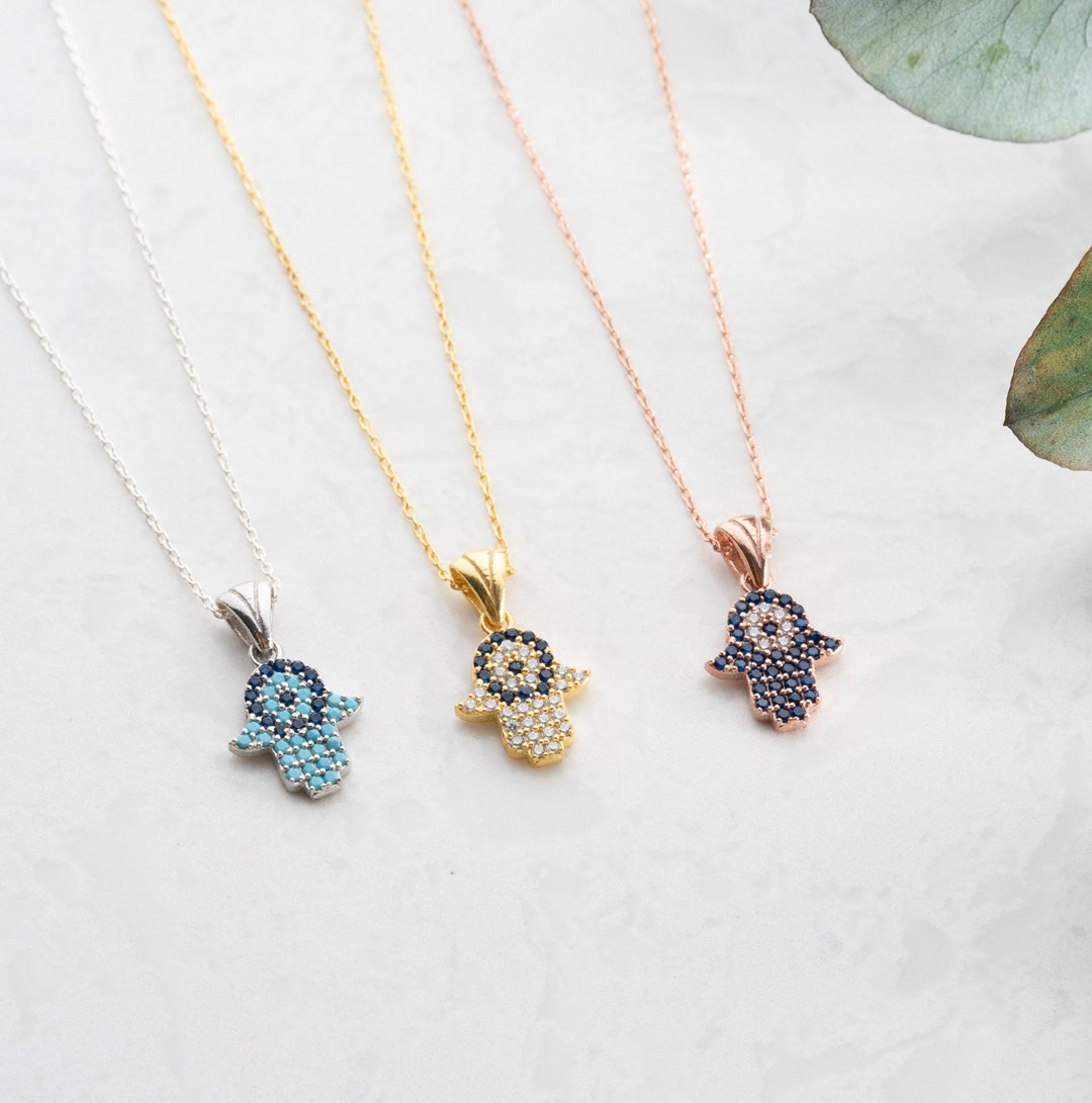 Silver Hamsa Evil Eye Necklace, Blue Evil Eye Hamsa Hand Jewelry, Lucky ...