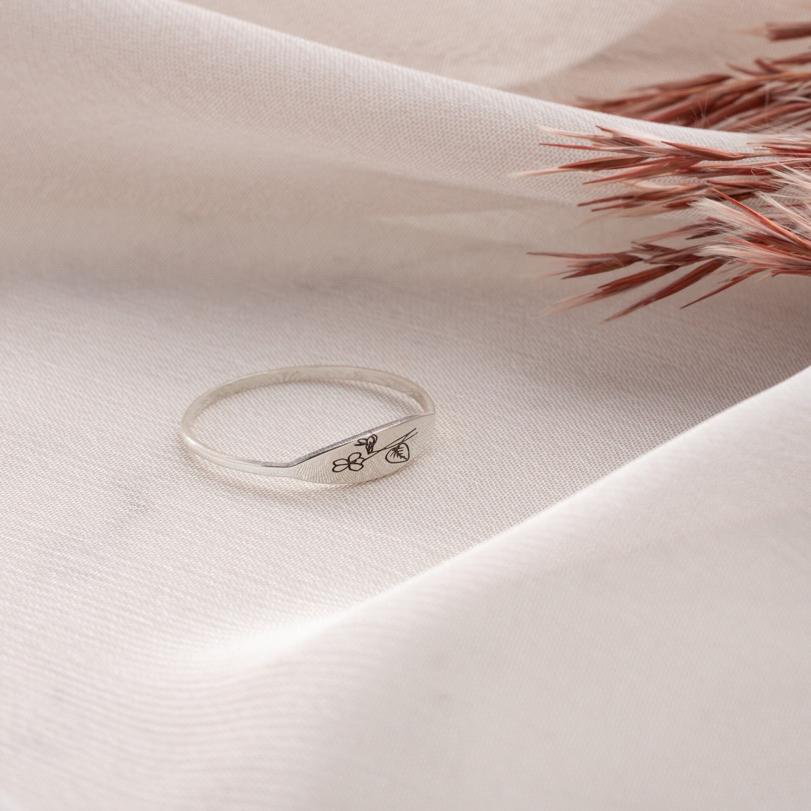 Sterling Silver Birth Flower Ring: Engraved Floral Stacking Ring - Etsy
