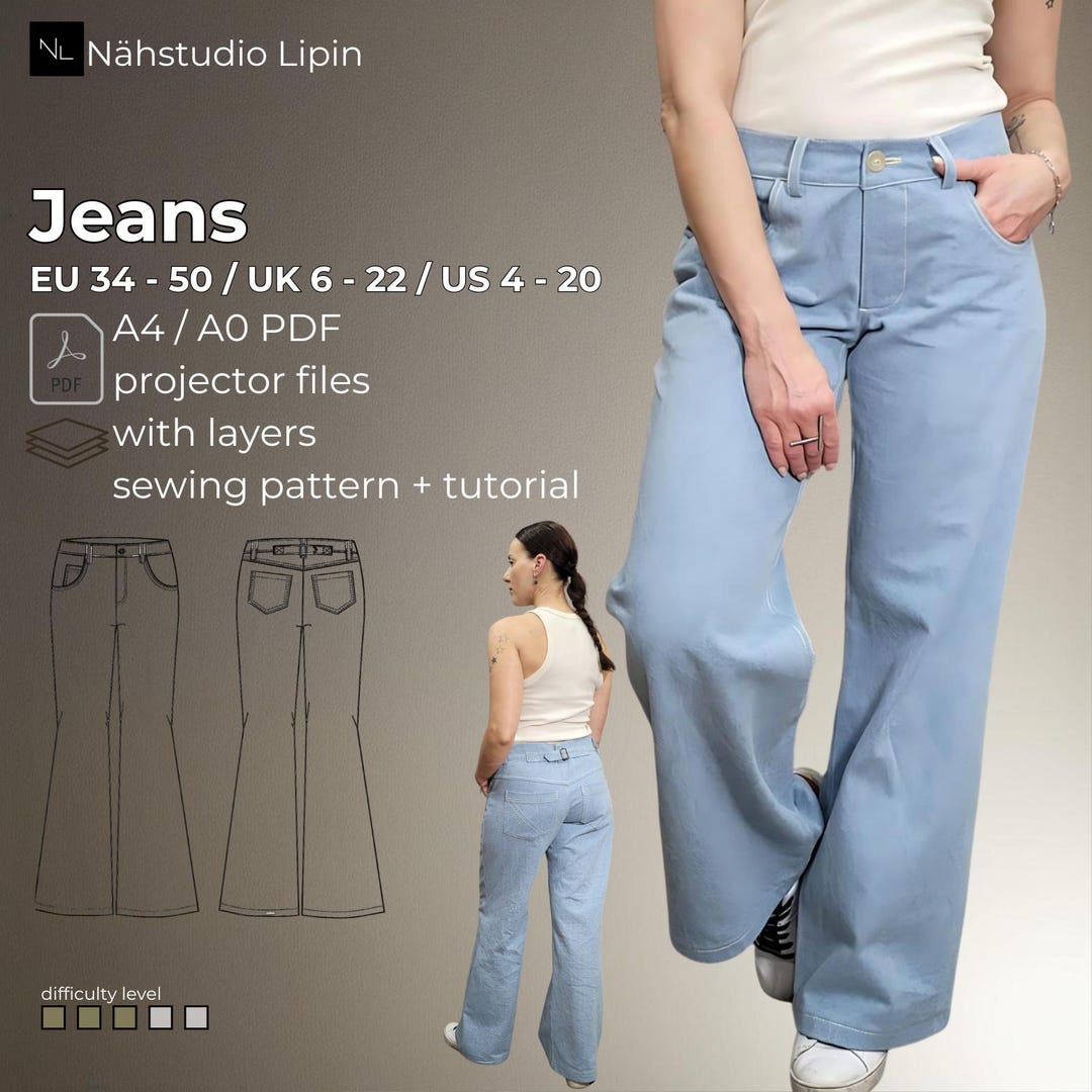 Wide Legs Jeans Sewing Pattern PDF, High Waist Wide Leg Jeans, Womans ...