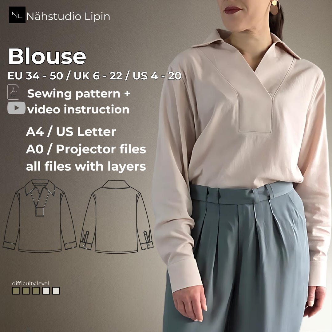 Linen Blouse Pattern With Collar and Long Sleeves, Blouse Sewing ...