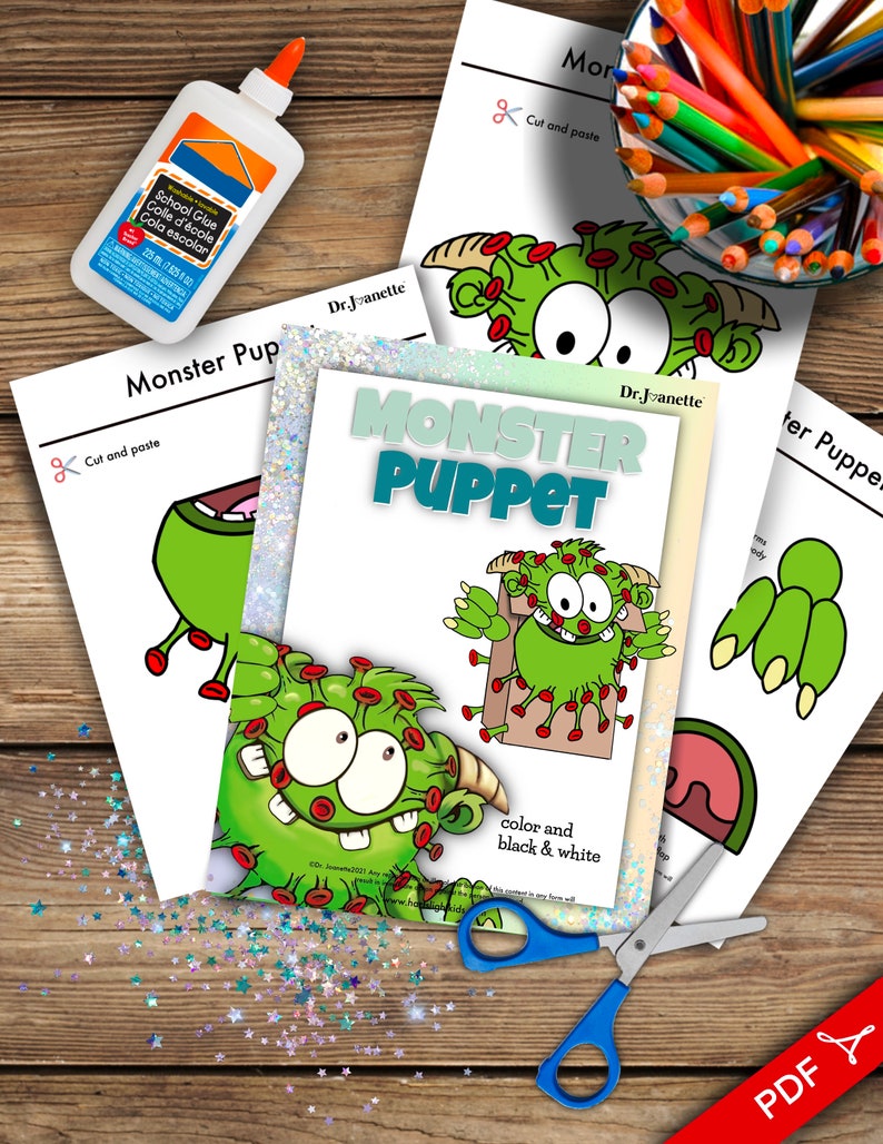 Monster Paper Bag Puppet, Printable Coloring Puppet Kit / Preschool ...