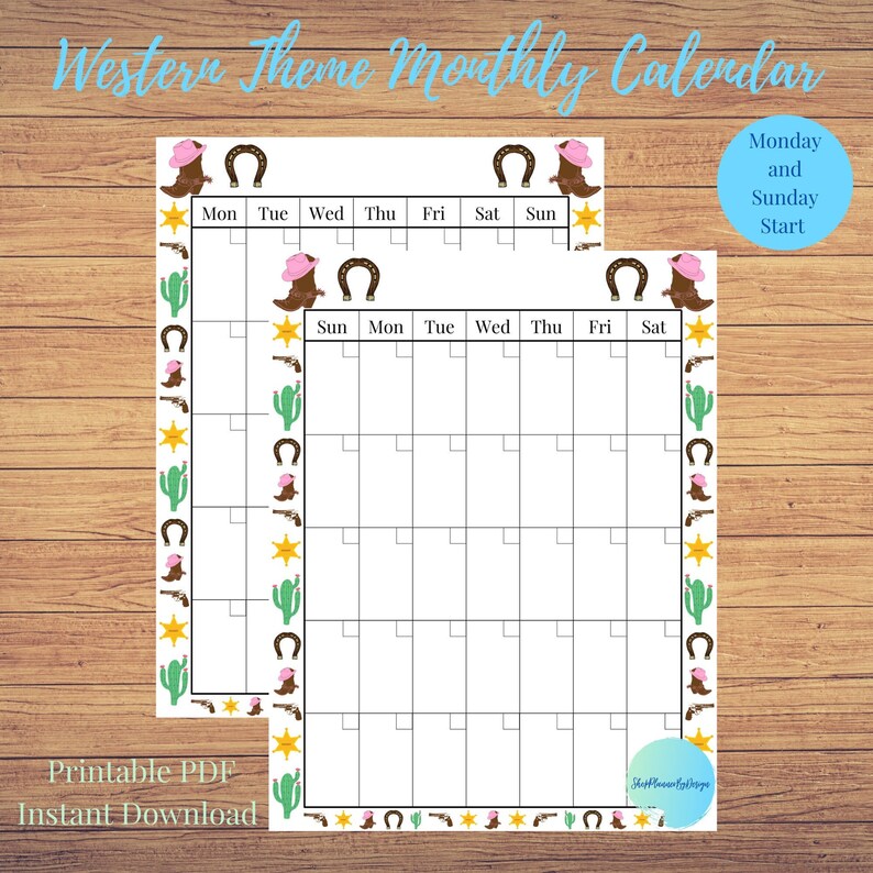 Printable PDF Western Undated Monthly Calendar for Planner or | Etsy