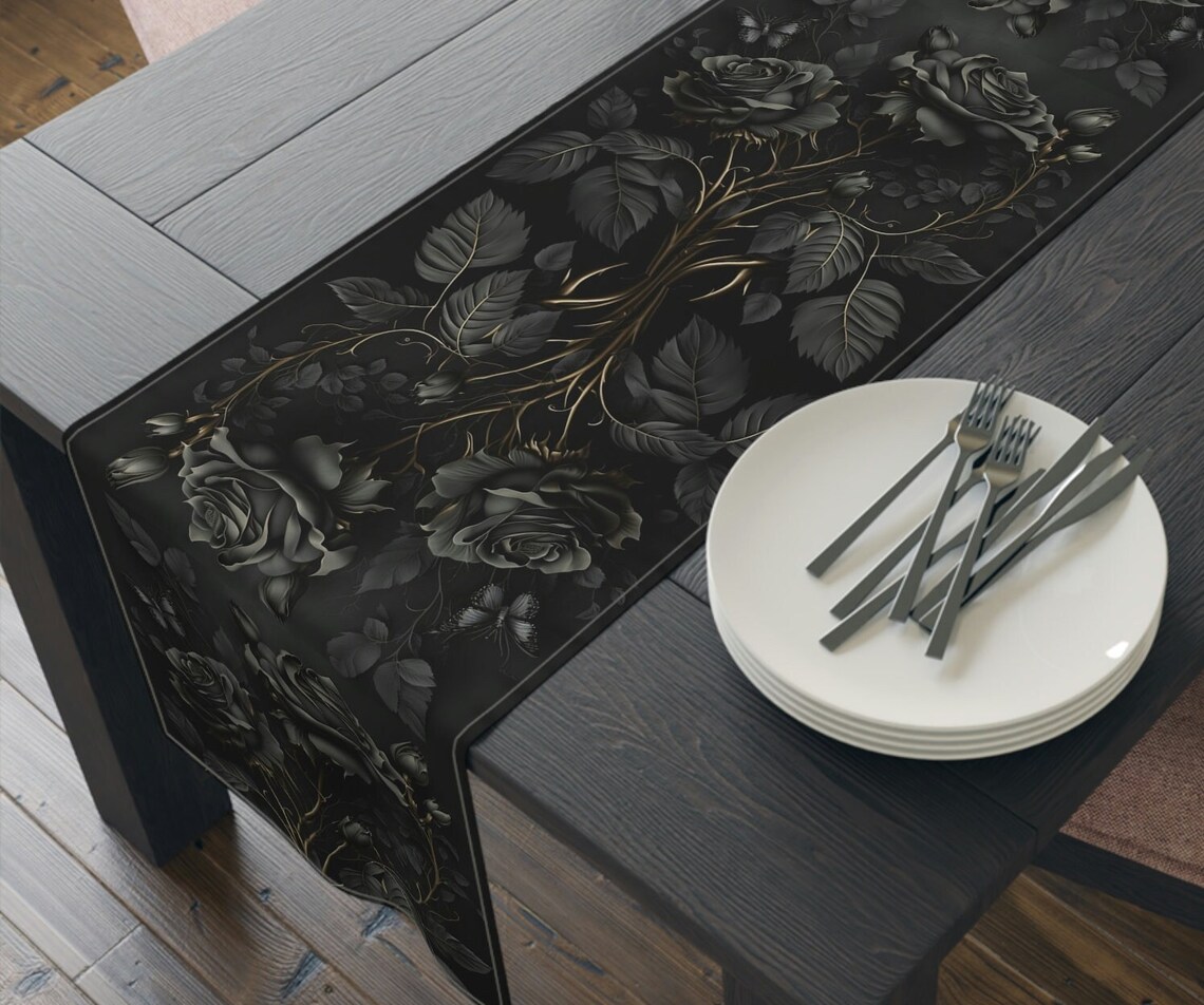 Table Runner Black Rose Pattern Home Interior Housewarming Gift for ...