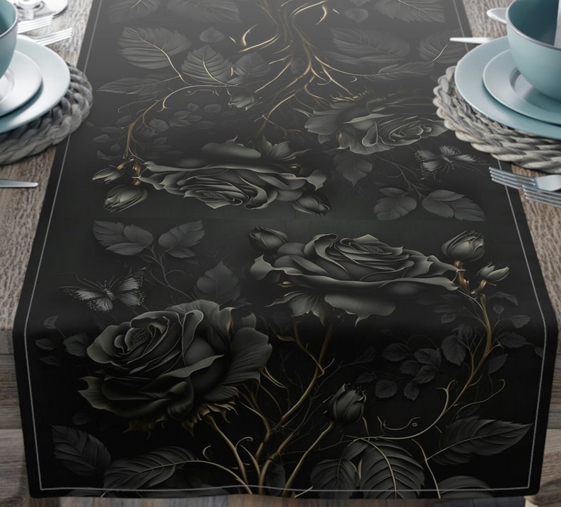 Black Rose Pattern Table Runner – Gothic Home Décor, Cotton Twill or ...