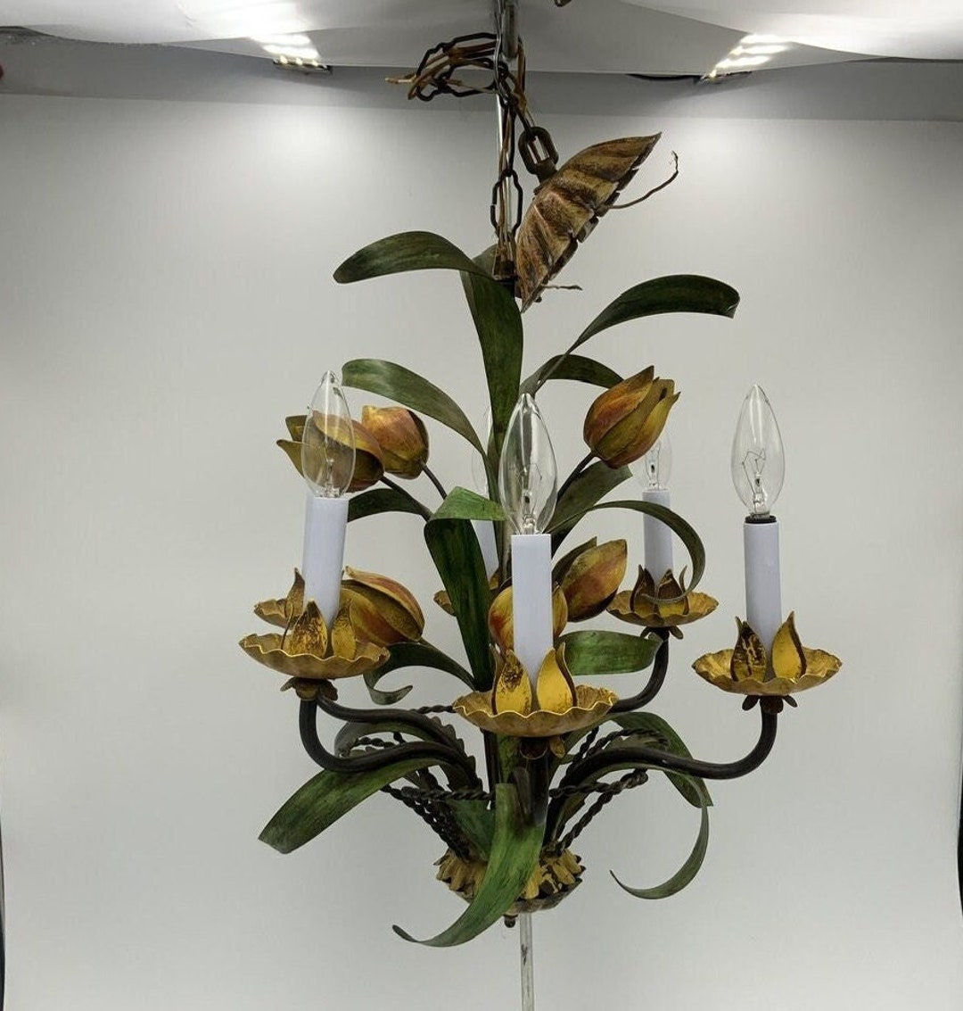 Antique Hanging Light Fixture, Palm Beach Regency, Tulips, Leaves, Gold ...