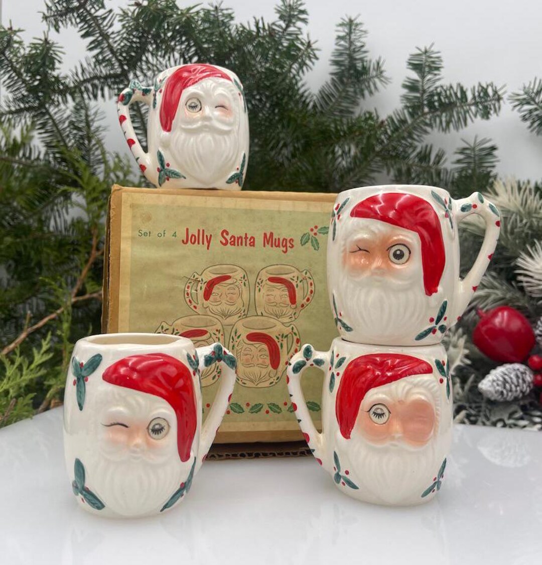 Vintage Lenticular Winky Santa Mugs, Hand Painted, Original Box, Set of ...