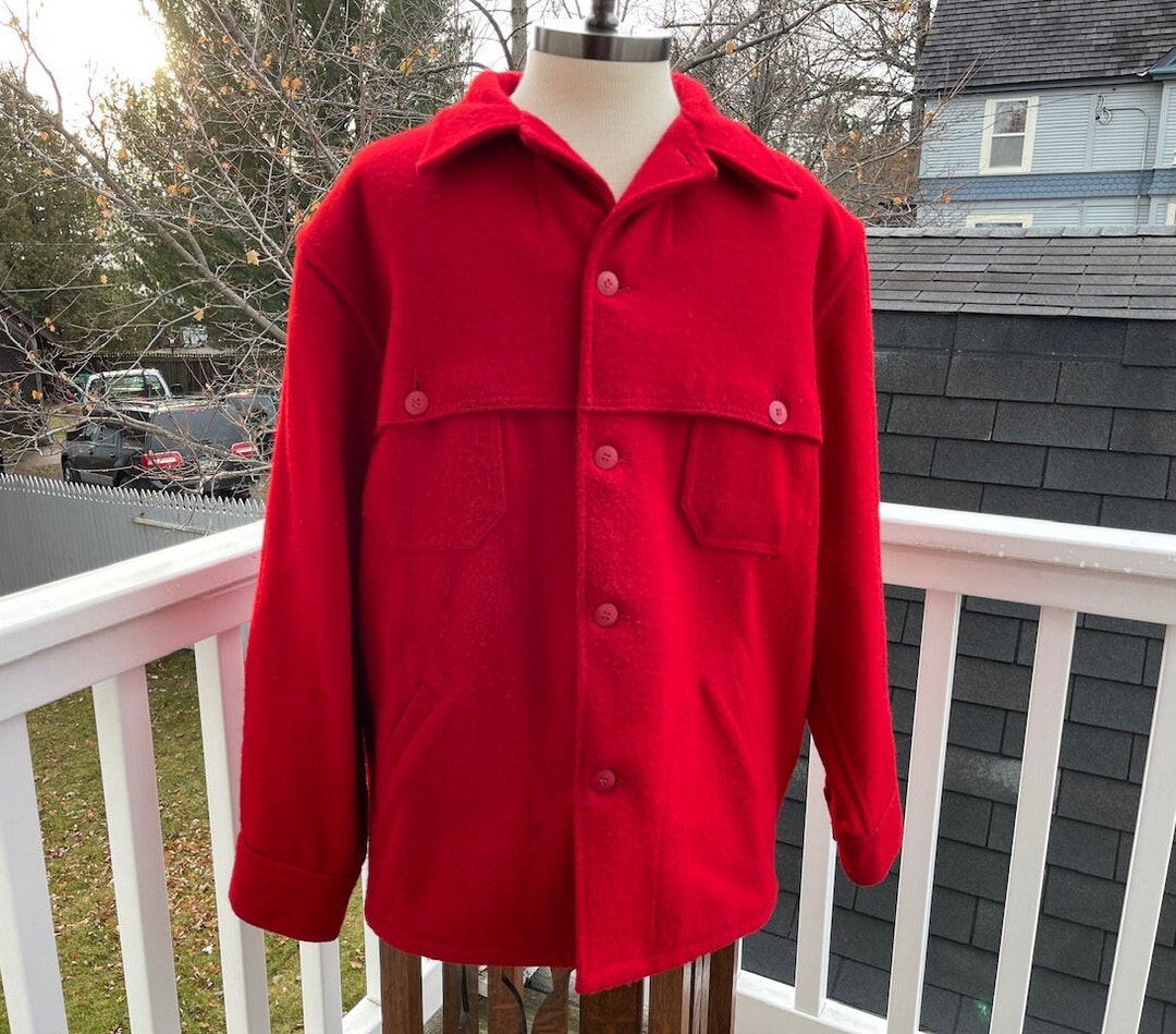 Vintage Red Bemidji Wool Jacket, Size 46 Long, Heavy Wool, Game Pouch ...