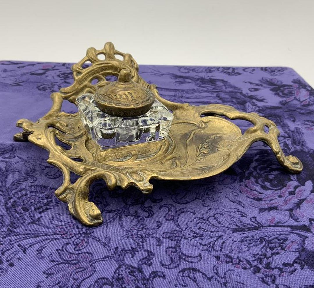 Vintage Art Nouveau Inkwell, Brass Base and Cap, Heavy Crystal Inkwell ...