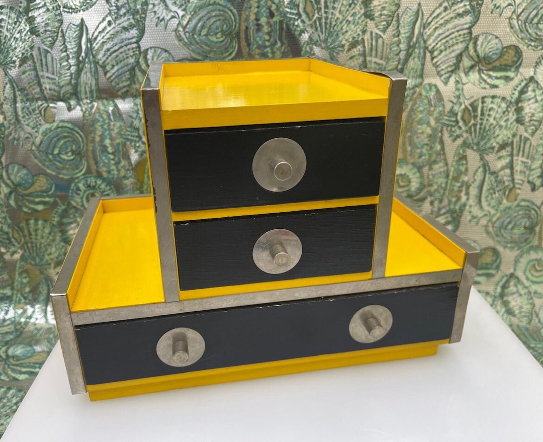 MCM Mod Jewelry Box, Bright Yellow and Black, Silver Metal Trim, Music ...