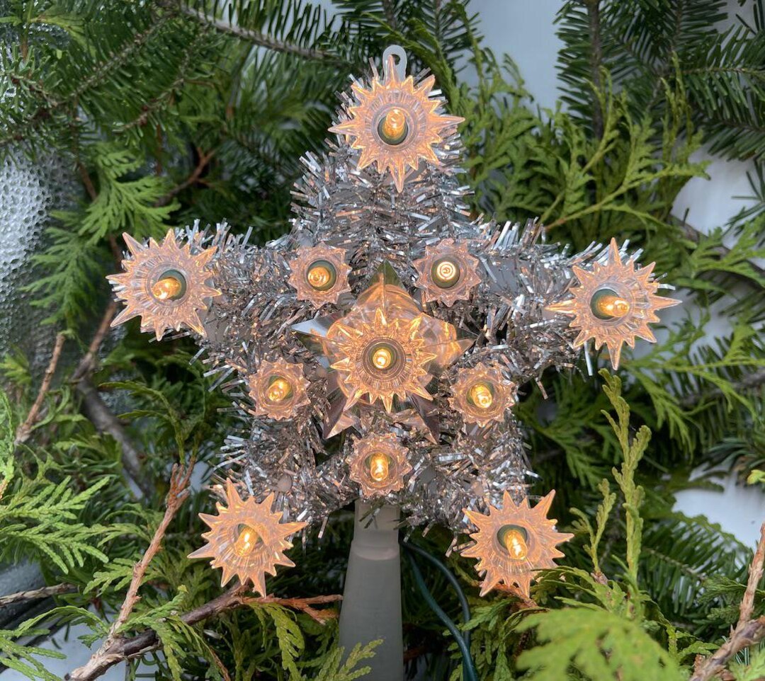 Vintage Silver Star Tree Topper, Tinsel, Clear Lights, Christmas Tree ...
