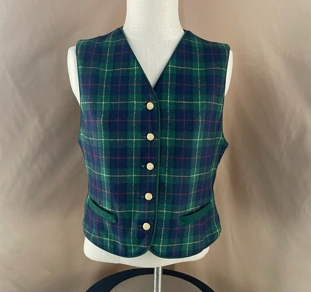 Vintage Wool-blend Plaid Vest, Lizsport, Green Blue Plaid, Unisex, Size ...